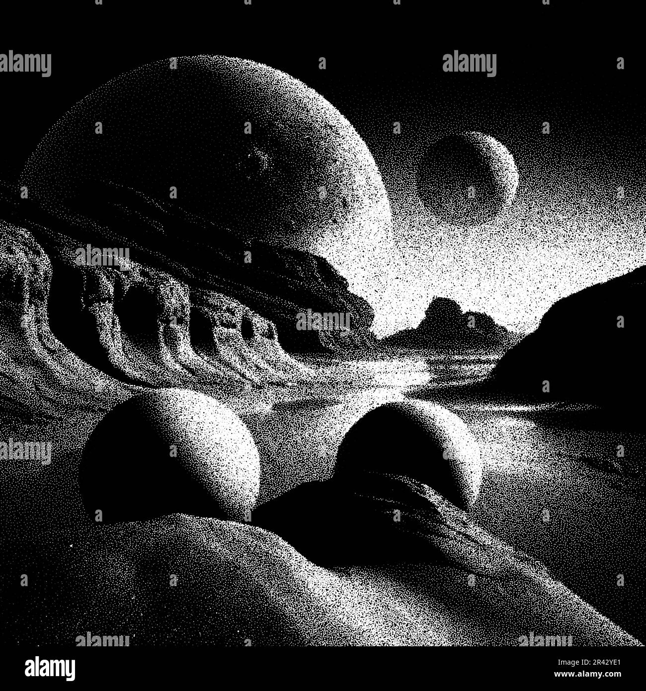 Alien planet landscape in retro dotwork style. Planets and satellites ...