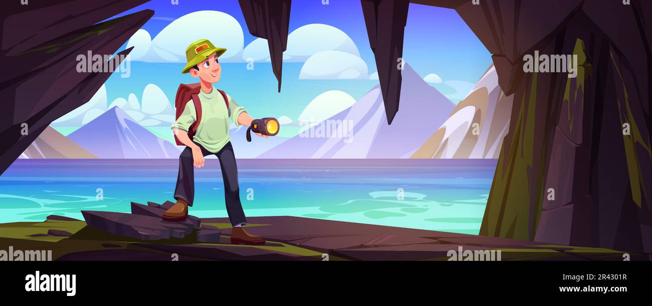 Mountain landscape from cave view with man inside vector background ...