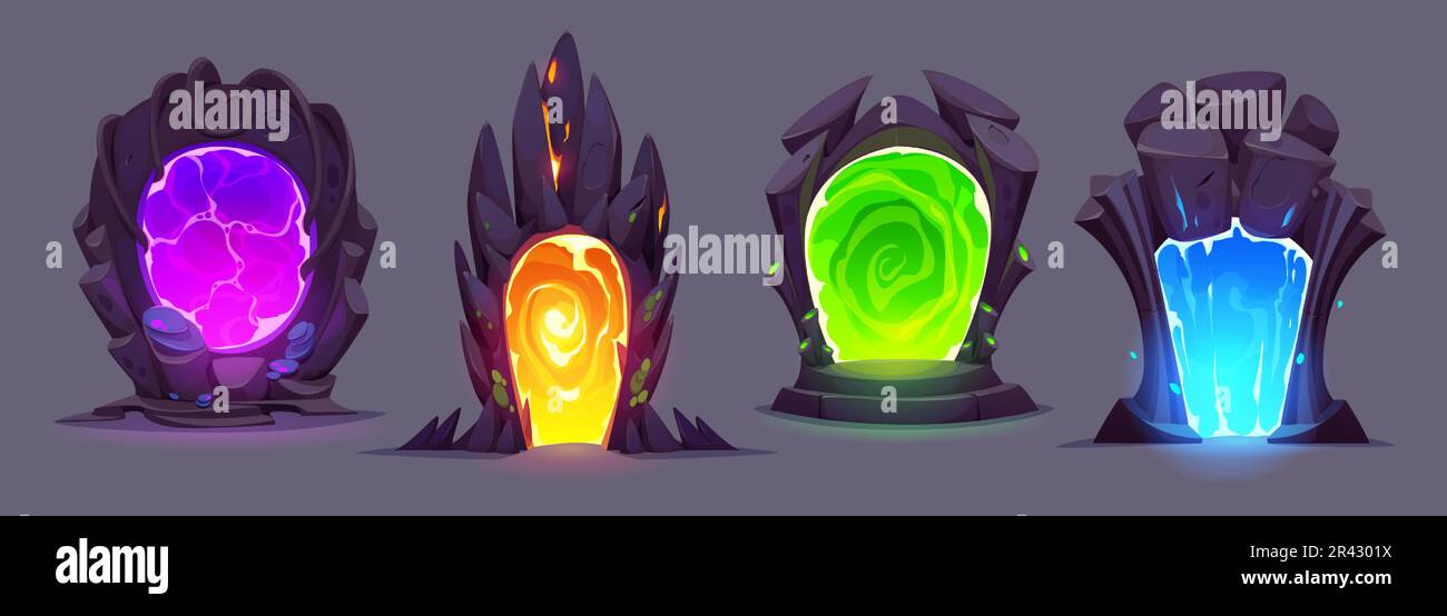 Magic gate portal door ui futuristic game cartoon set. Green and blue ...