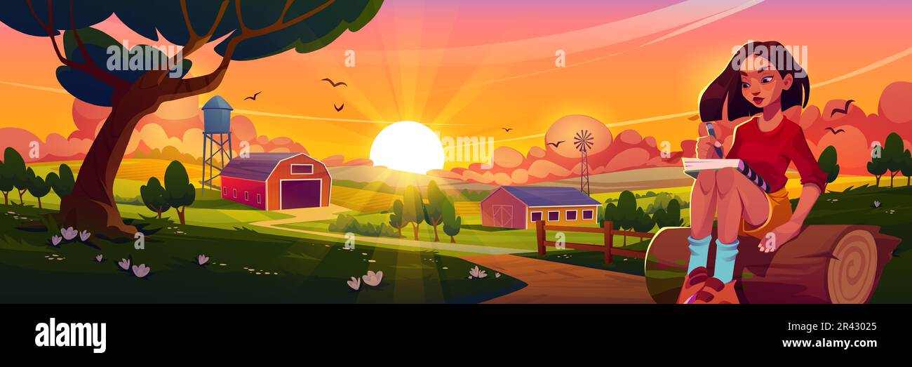 Young woman drawing countryside sunset. Vector cartoon illustration of ...