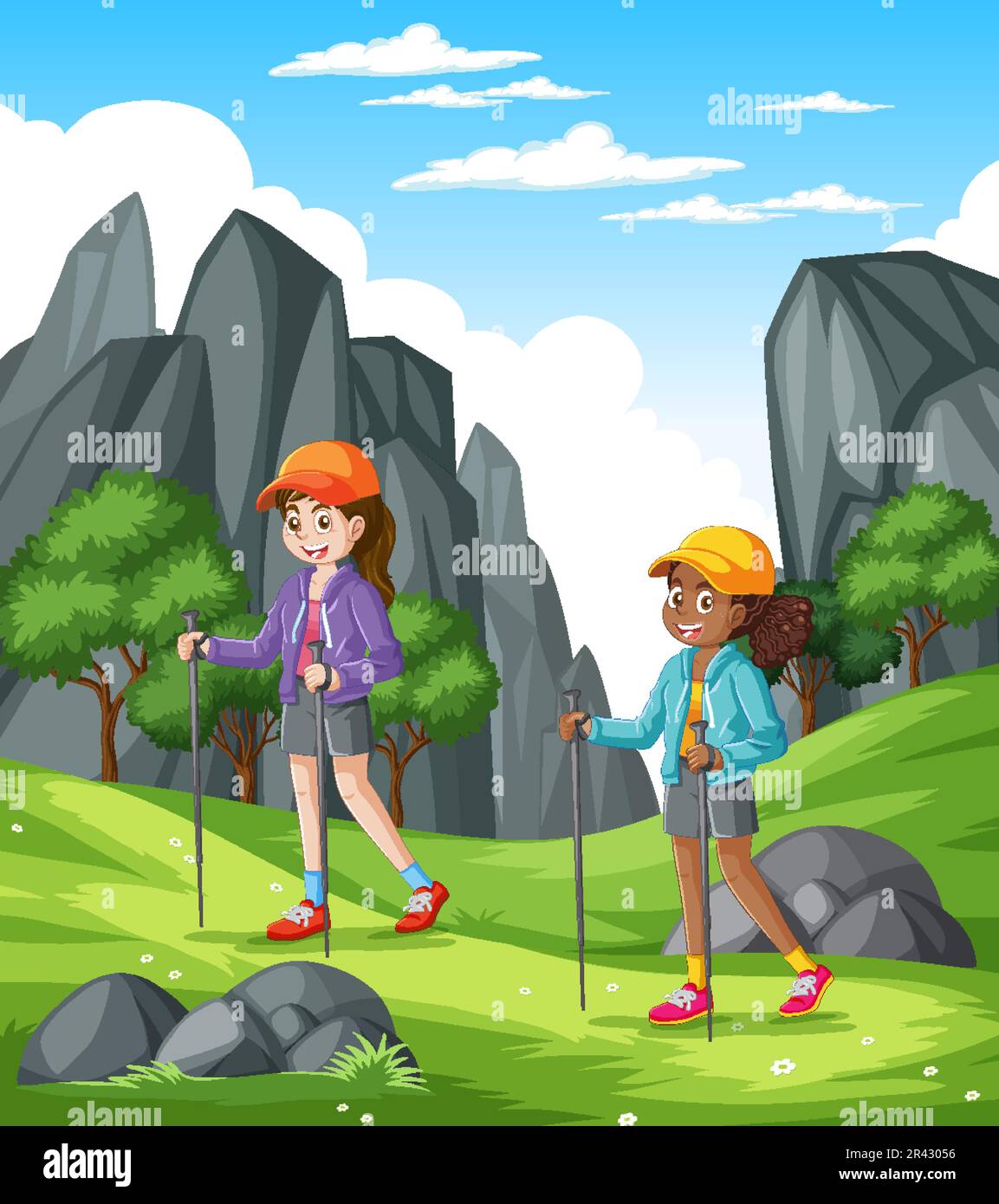 Teenage girls with diffrent race trekking at the mountain illustration ...