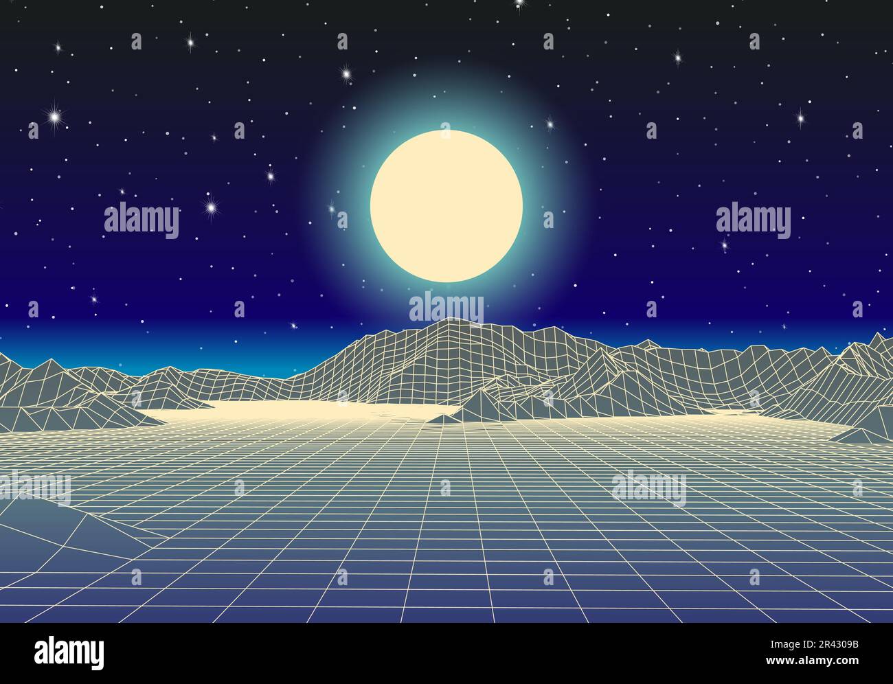 Retro futuristic landscape with mountains and sun in deep space. 80s ...