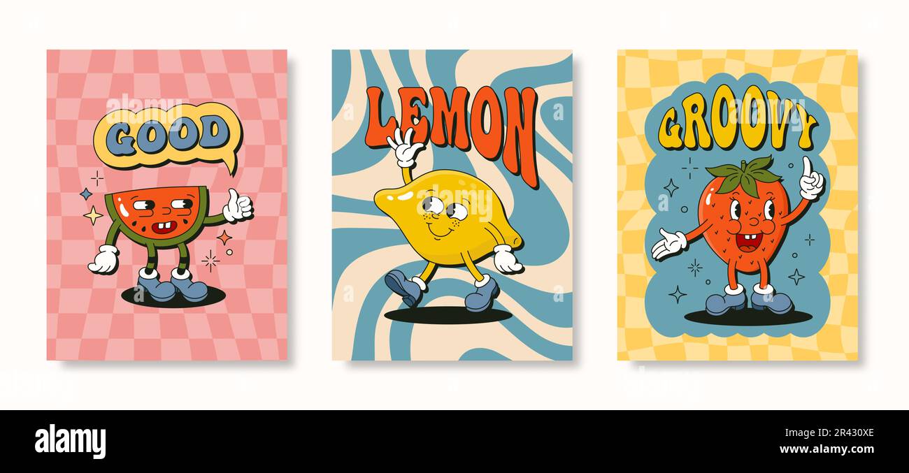 Retro Cartoon Character Fruit Poster Set. Vector Funny Comic ...