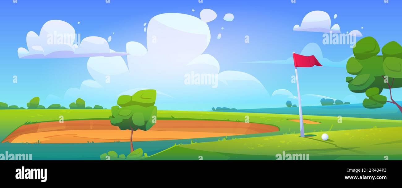 Golf course on nature landscape with ball lying on green grass near ...