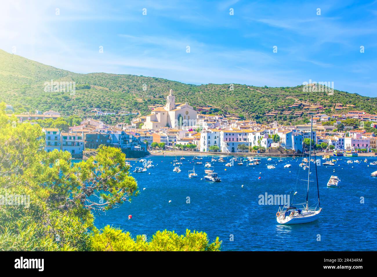 The Sailing boats and Cadaques village beach, Catalonia, Costa Brava ...