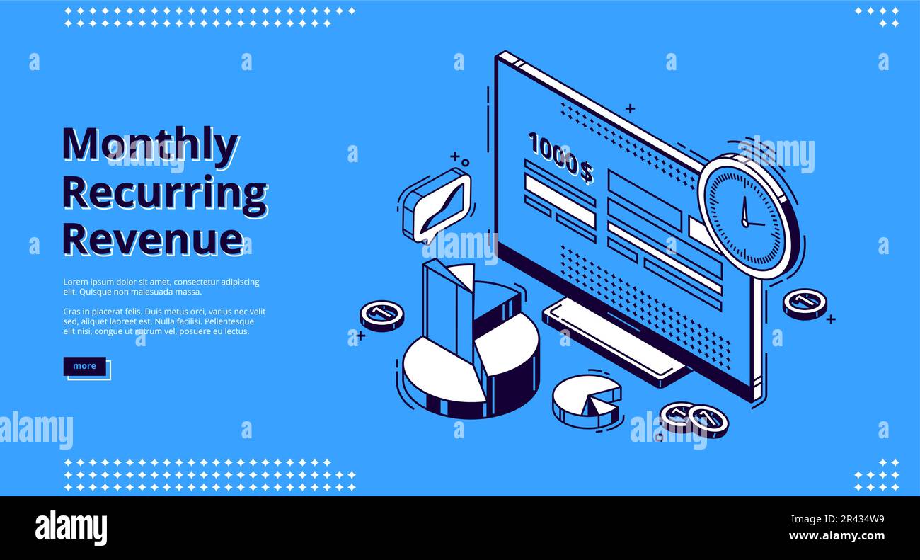 Monthly recurring revenue, mrr isometric landing page. Computer desktop with budget or payment ...