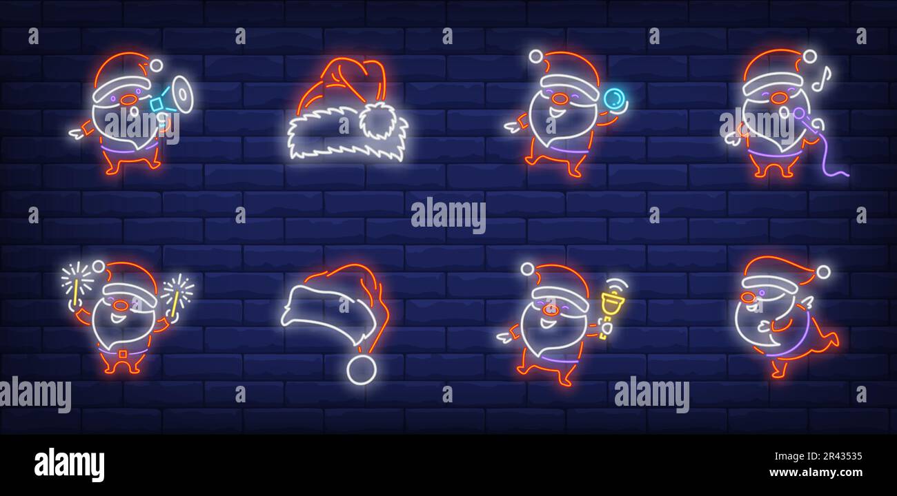 Santa Claus celebrating Christmas neon sign set Stock Vector Image ...