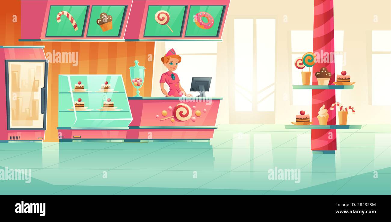 Bakery and candy shop interior with cashier behind bar counter. Vector ...