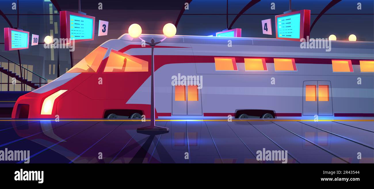 Railway station with high speed train and platform at night. Vector ...