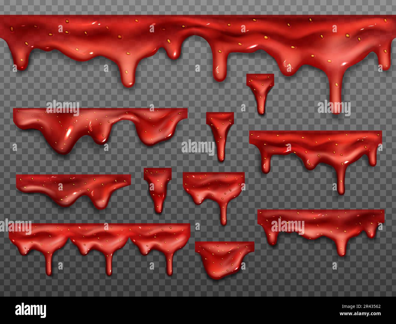 Realistic dripping strawberry jam drops set, liquid red berry splashes ...