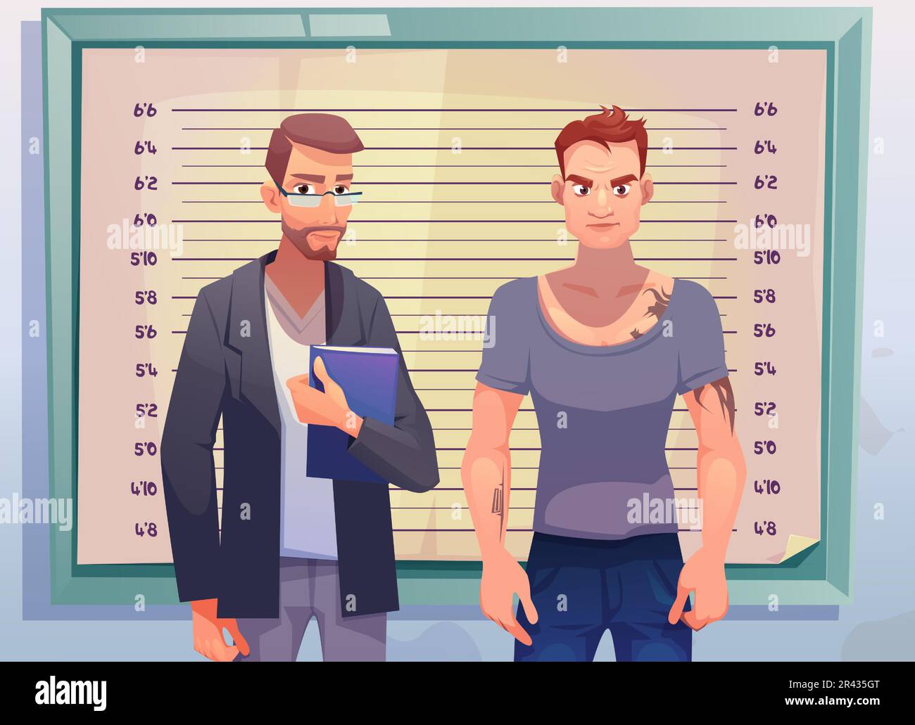 Criminal and lawyer or investigator stand on measuring scale background ...