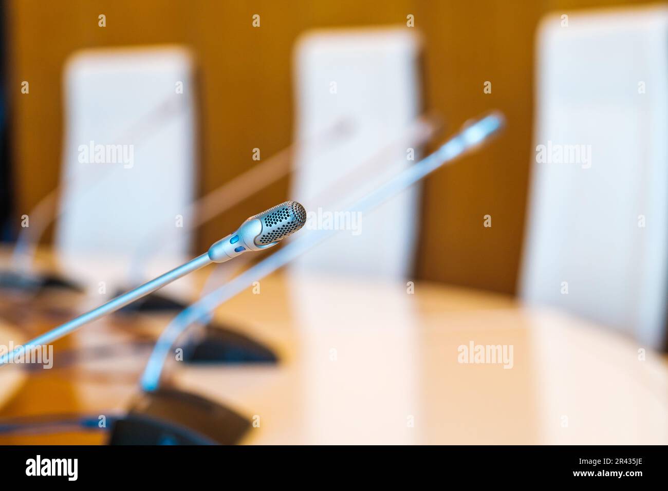 Details of interior of conference room with table microphones Stock ...
