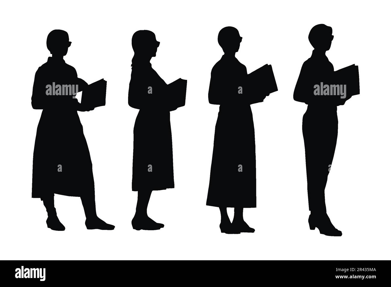 Female Tutors and masters standing in different position silhouette set vectors. Girl teachers ...
