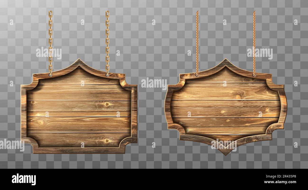 Wooden boards hang on ropes vector set. Realistic signboards with wood ...
