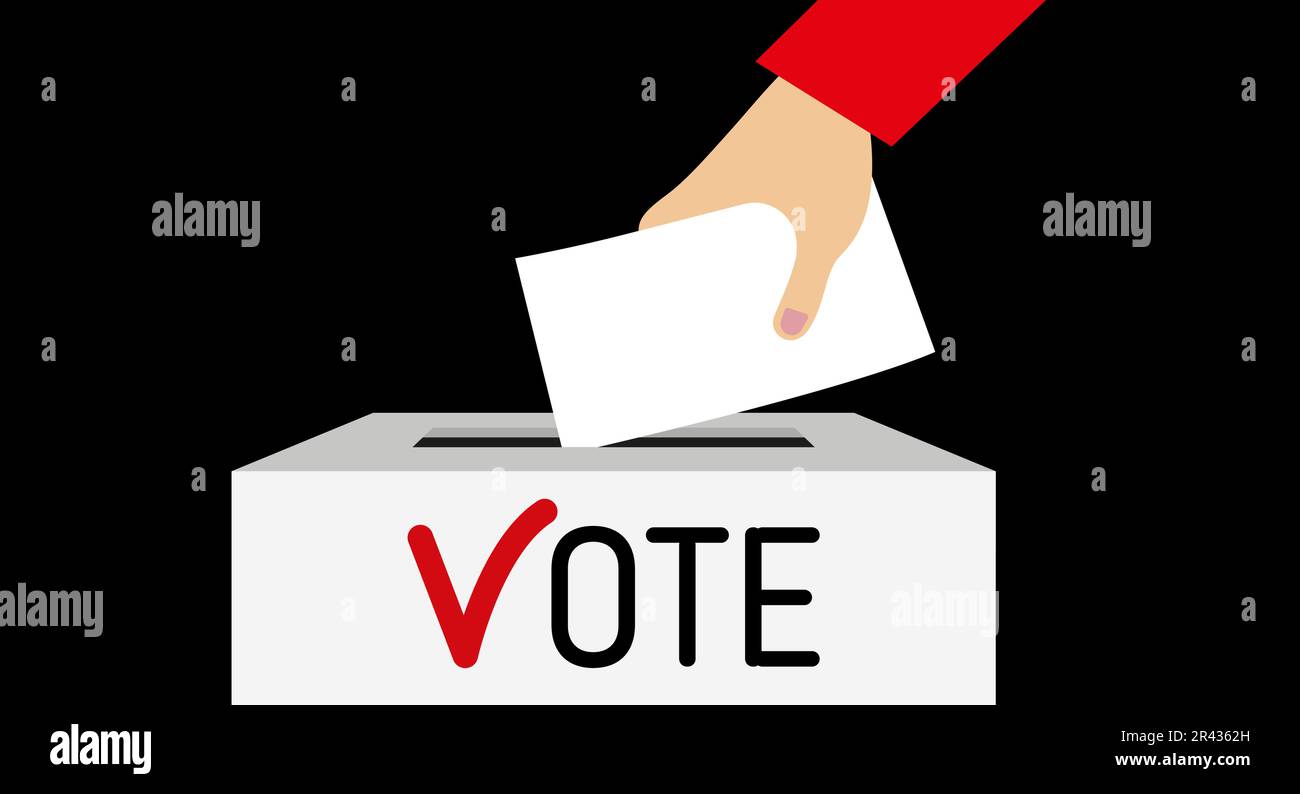 The voter holds an envelope in his hand over a voice ballot on a black ...