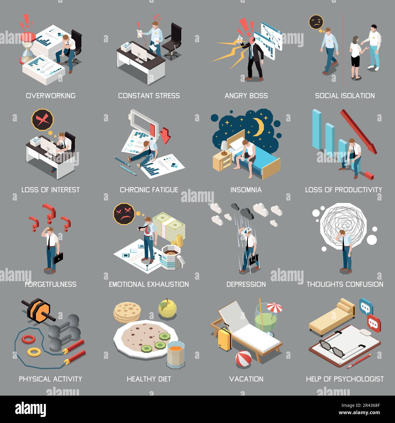 Professional burnout syndrome isometric icons set with emotional ...