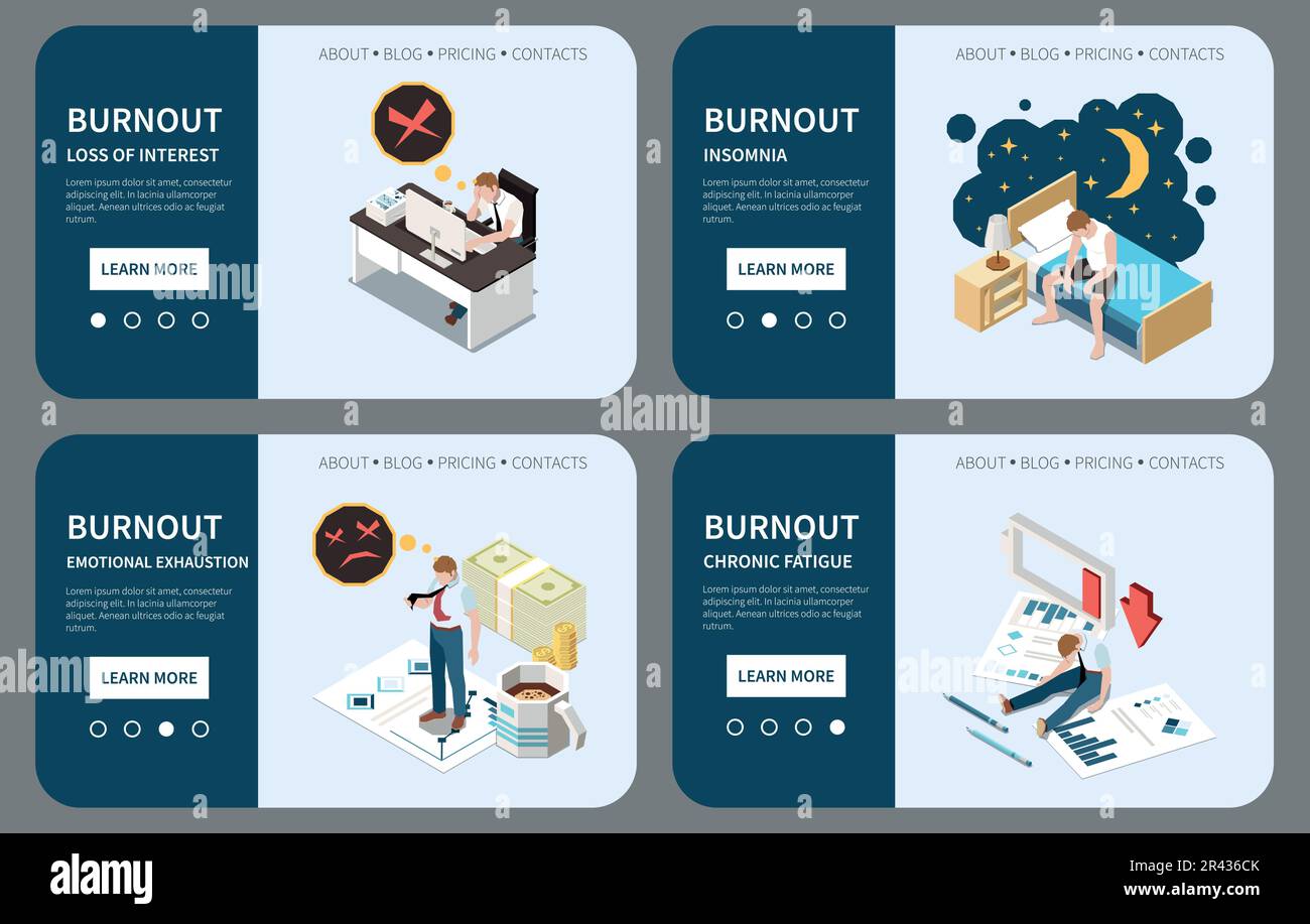 Professional burnout syndrome isometric banner set with emotional ...