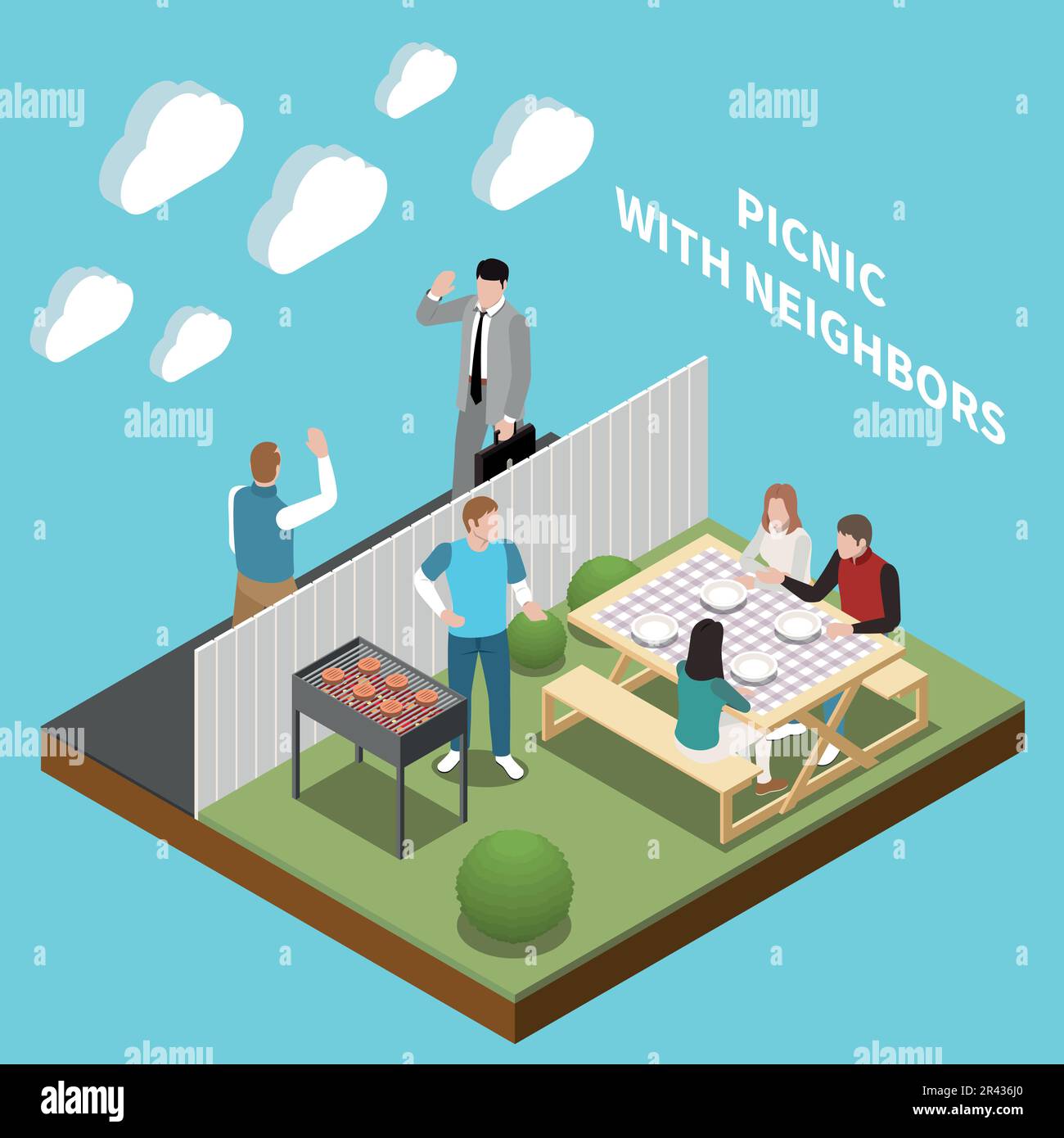 Neighbor isometric concept with people having bbq on backyard vector ...