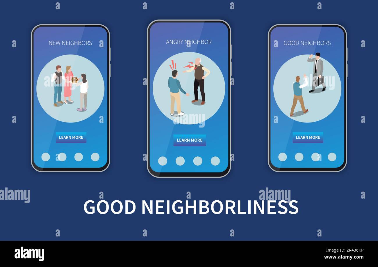 Neighbors isometric icons set with good and bad people communication ...