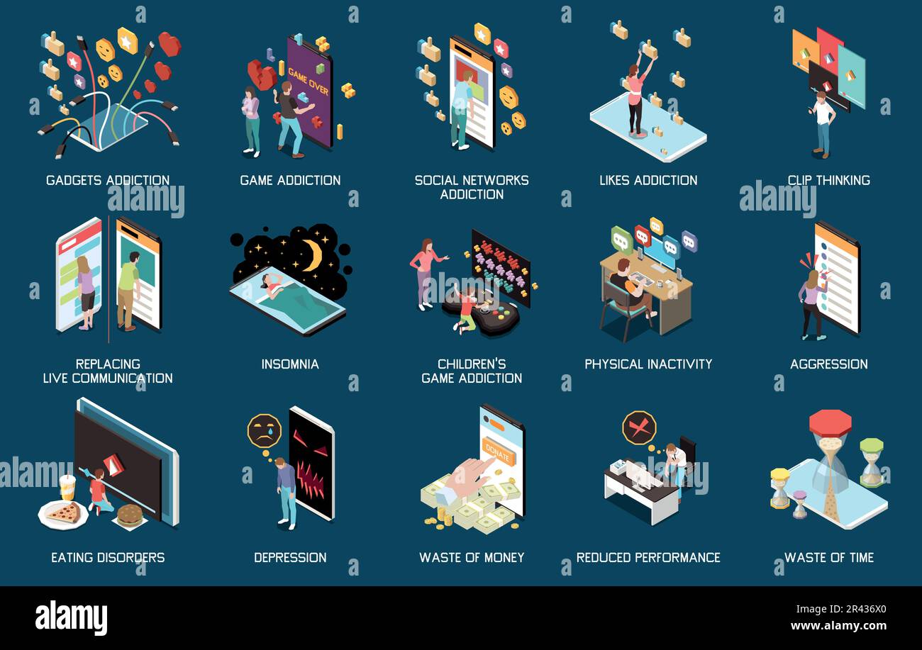 Gadget addiction icons set with technology misusage symbols isolated ...