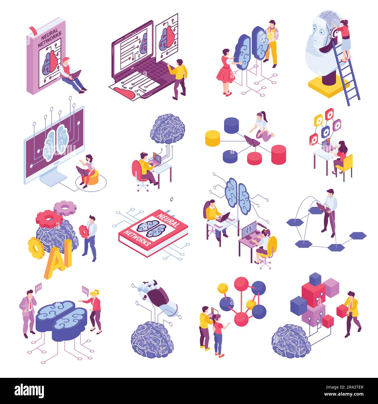 Neural Network Programmer Set With Technology Symbols Isometric