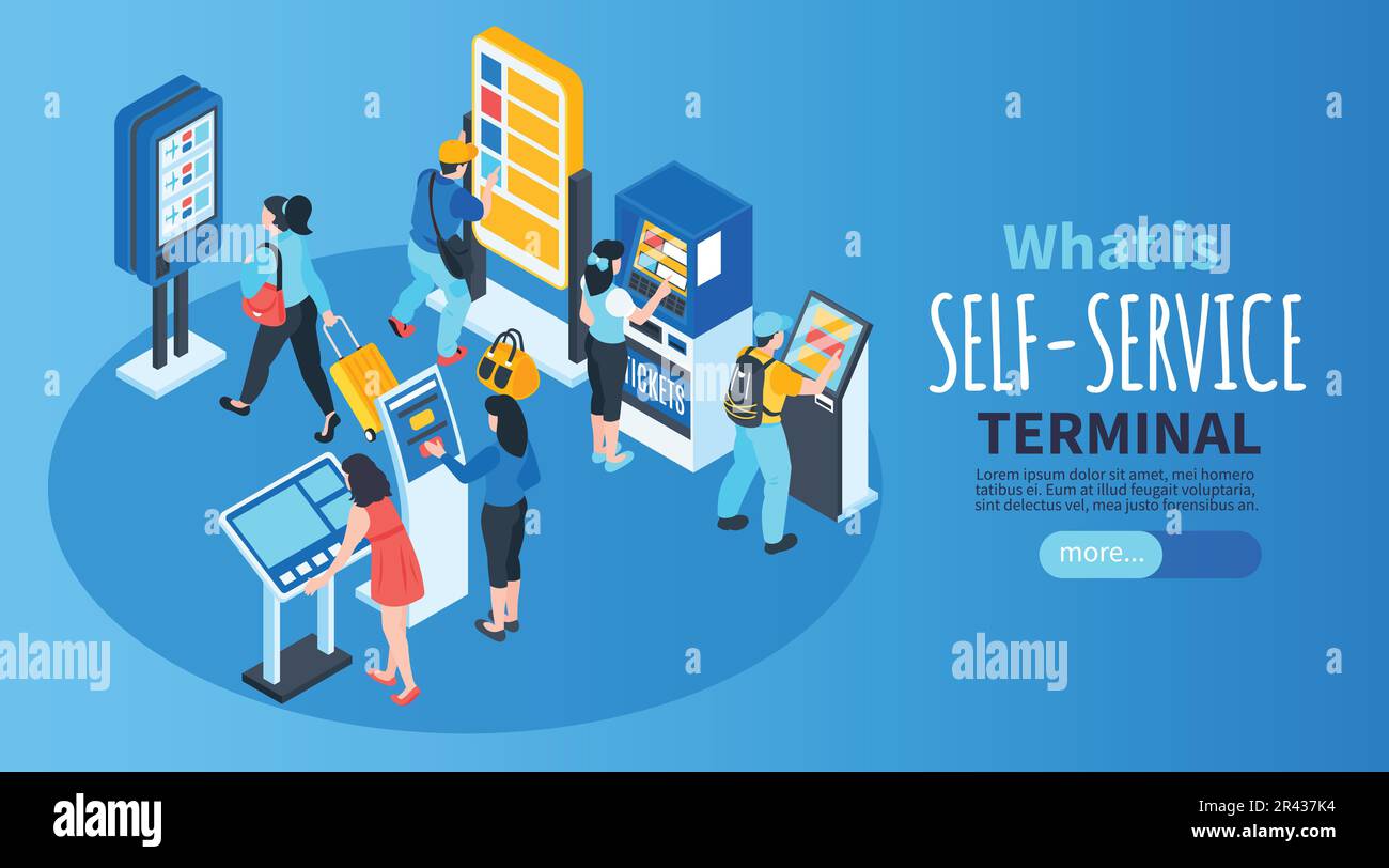 Isometric self service horizontal banner with characters of terminal ...
