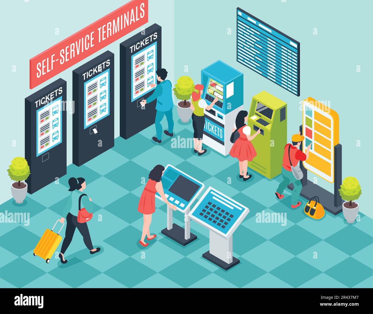 Isometric self service composition with indoor view of mall booth with ...