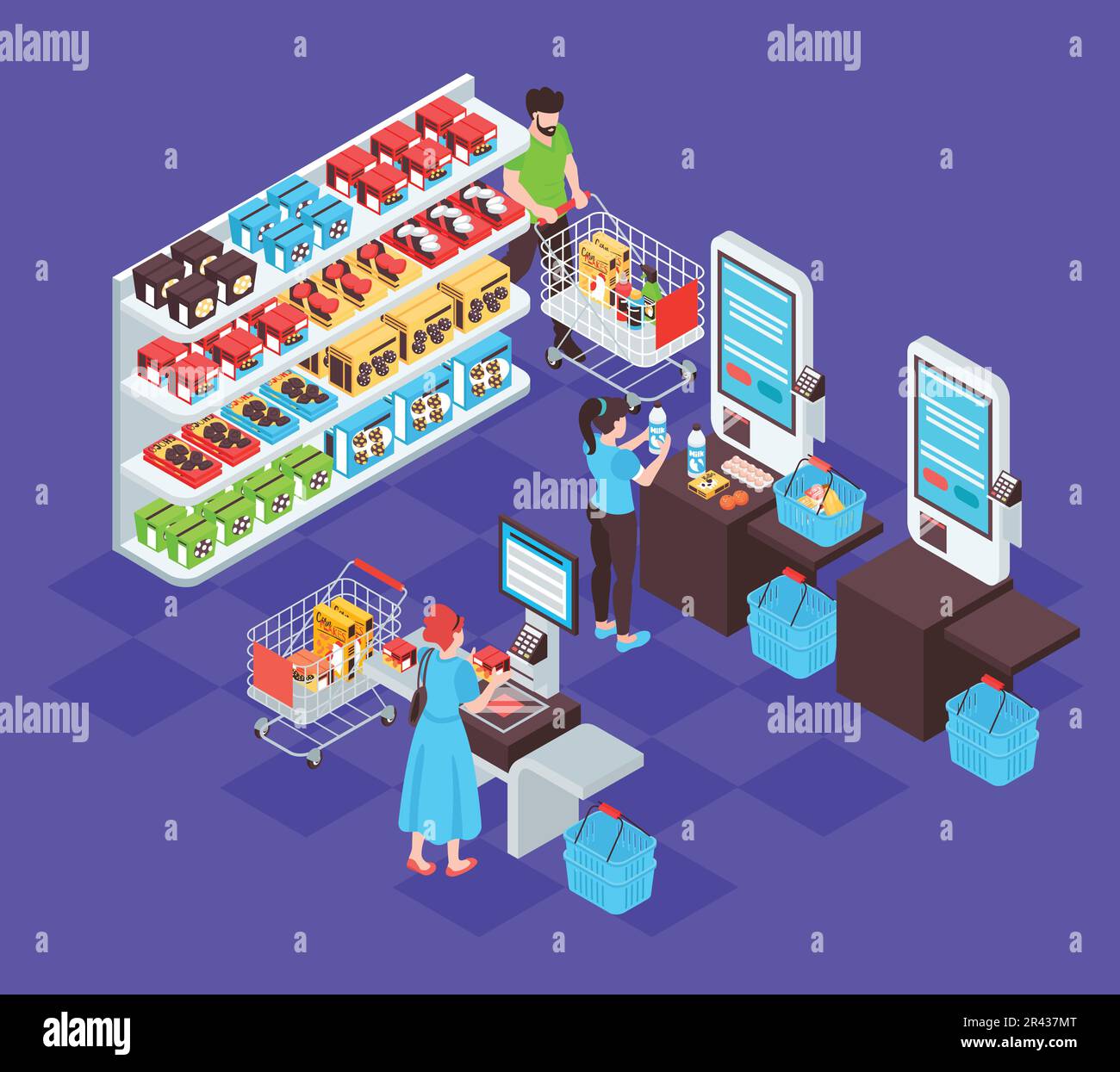 Isometric Self Service Composition With Isolated View Of Supermarket Shelves And Self Checkout