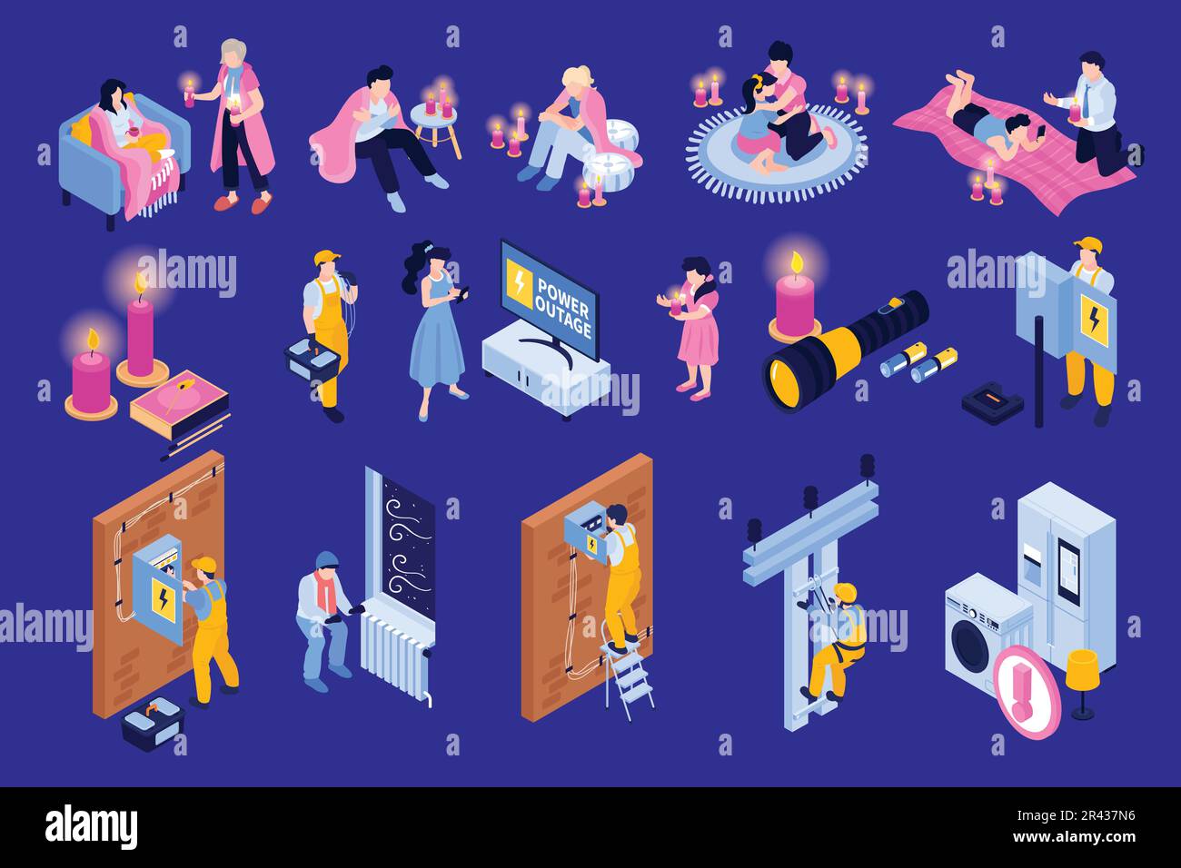 Isometric power outage set on blue background with isolated icons of ...