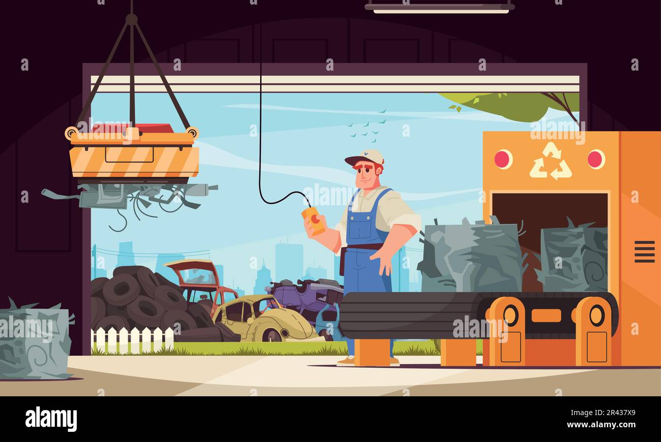 Car dump cartoon concept with worker operating auto crushing machine ...