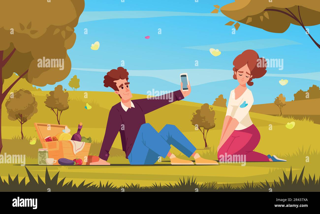Picnic cartoon concept with young couple having romantic weekend ...