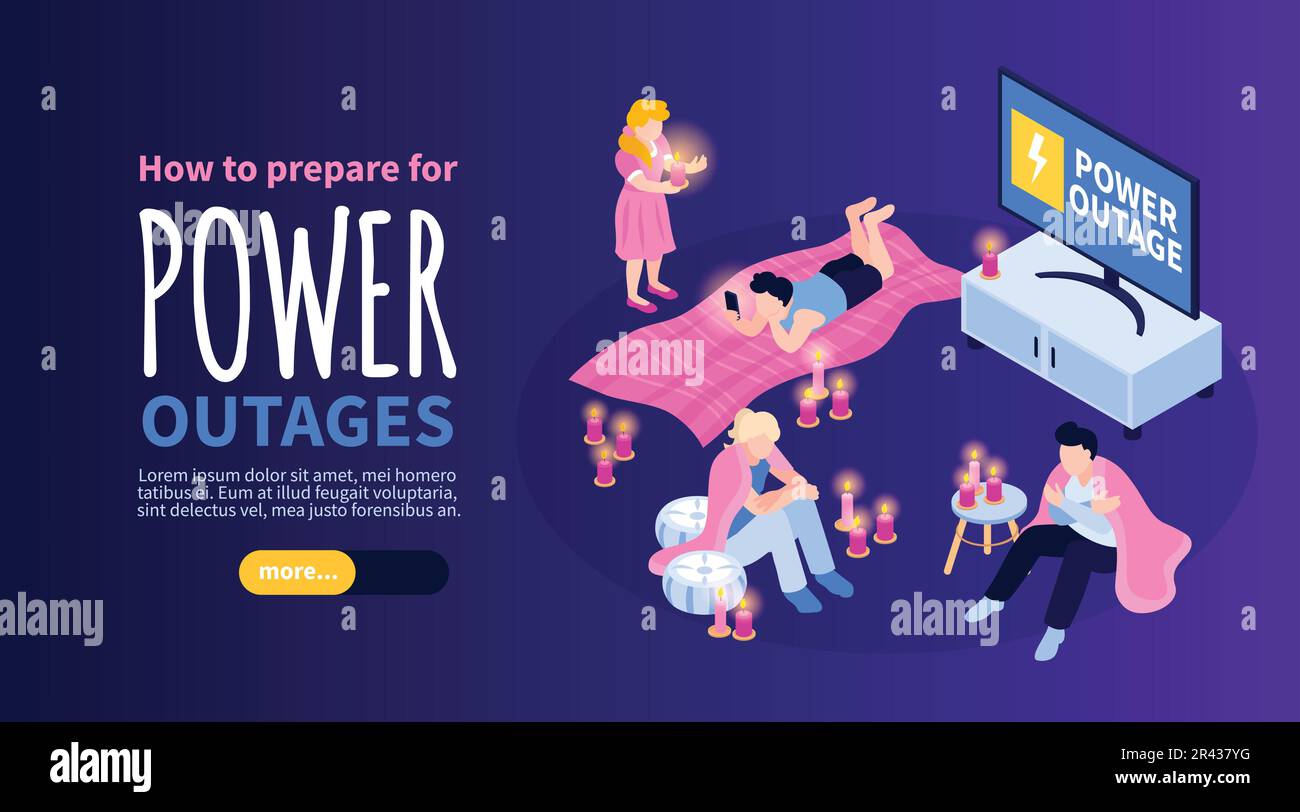 Isometric power outage horizontal banner with people holding ...