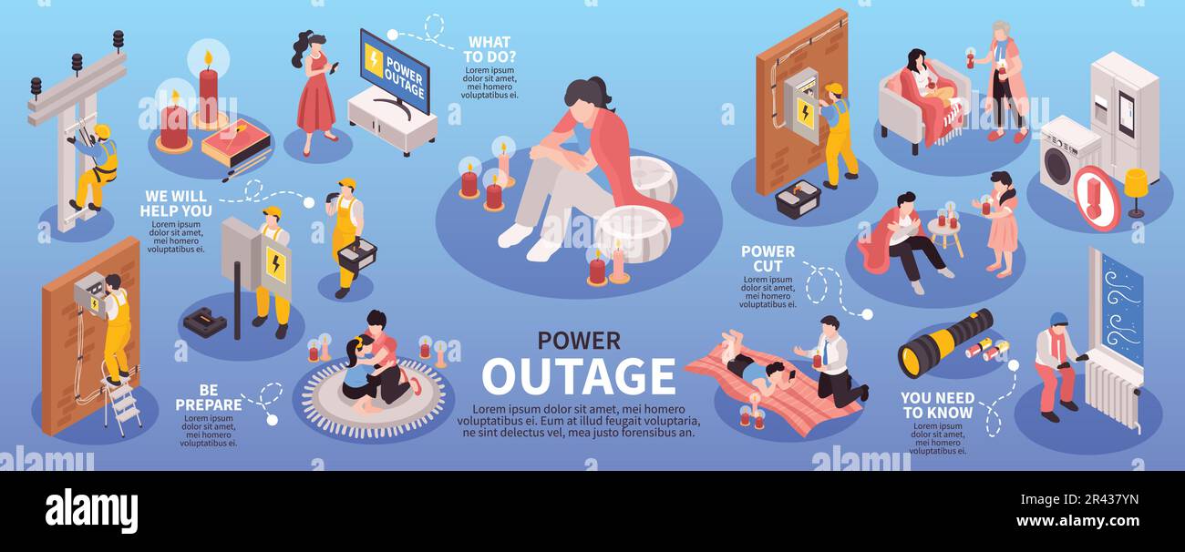 Isometric power outage infographics with isolated icons of power units ...