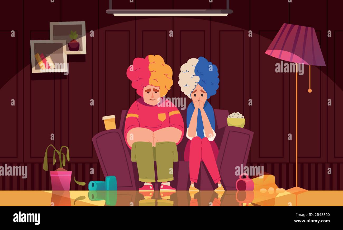 Sports fans cartoon composition with sad couple sitting on couch vector ...