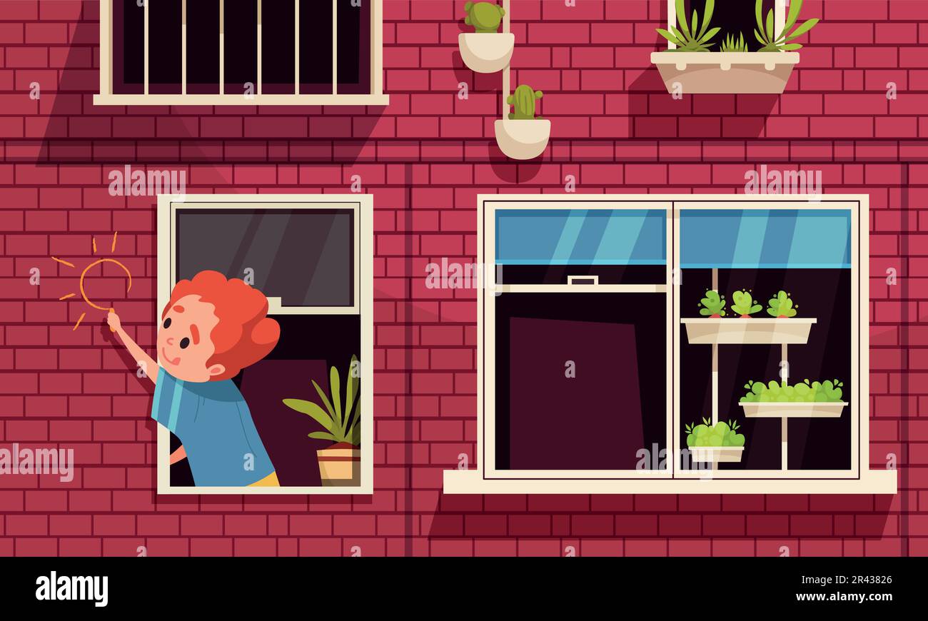 Kids danger cartoon composition with boy hang out of the window vector ...