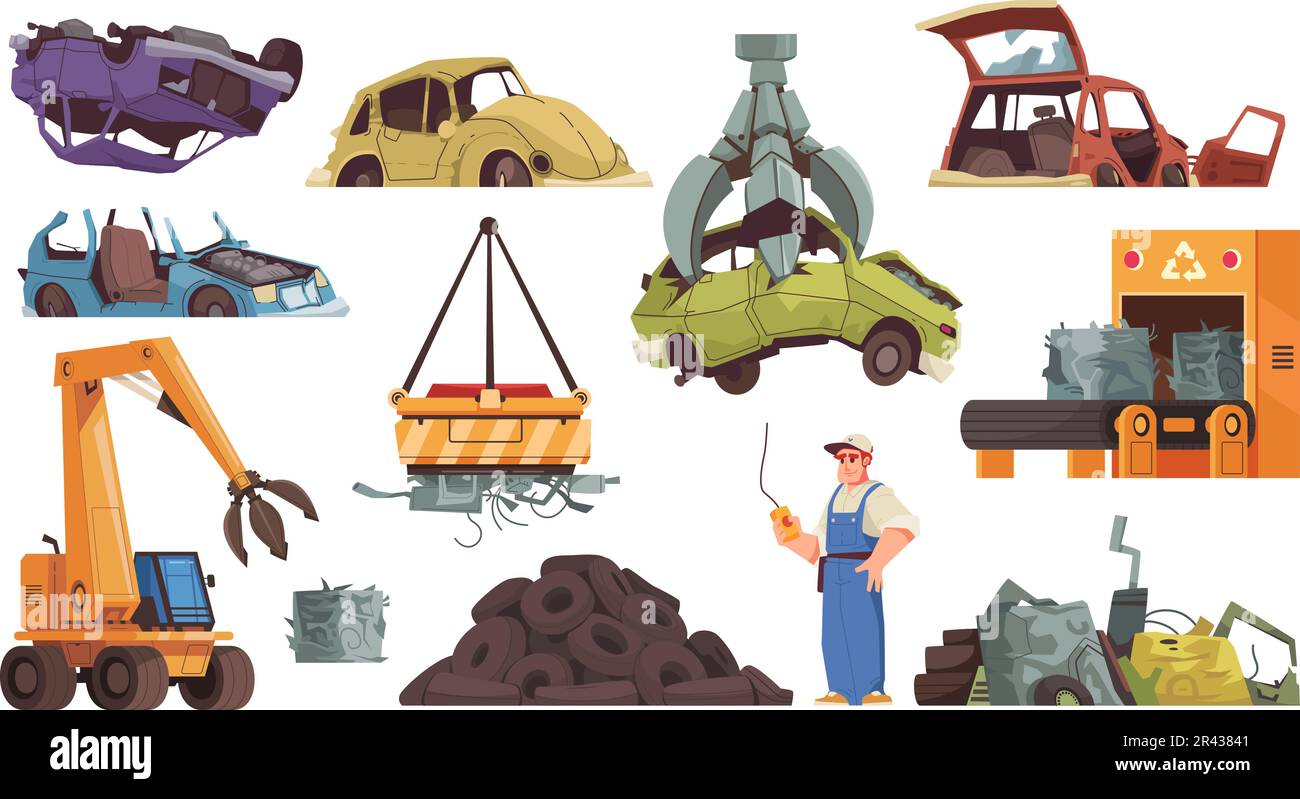 Car dump cartoon icons set with broken and crushed autos landfill ...
