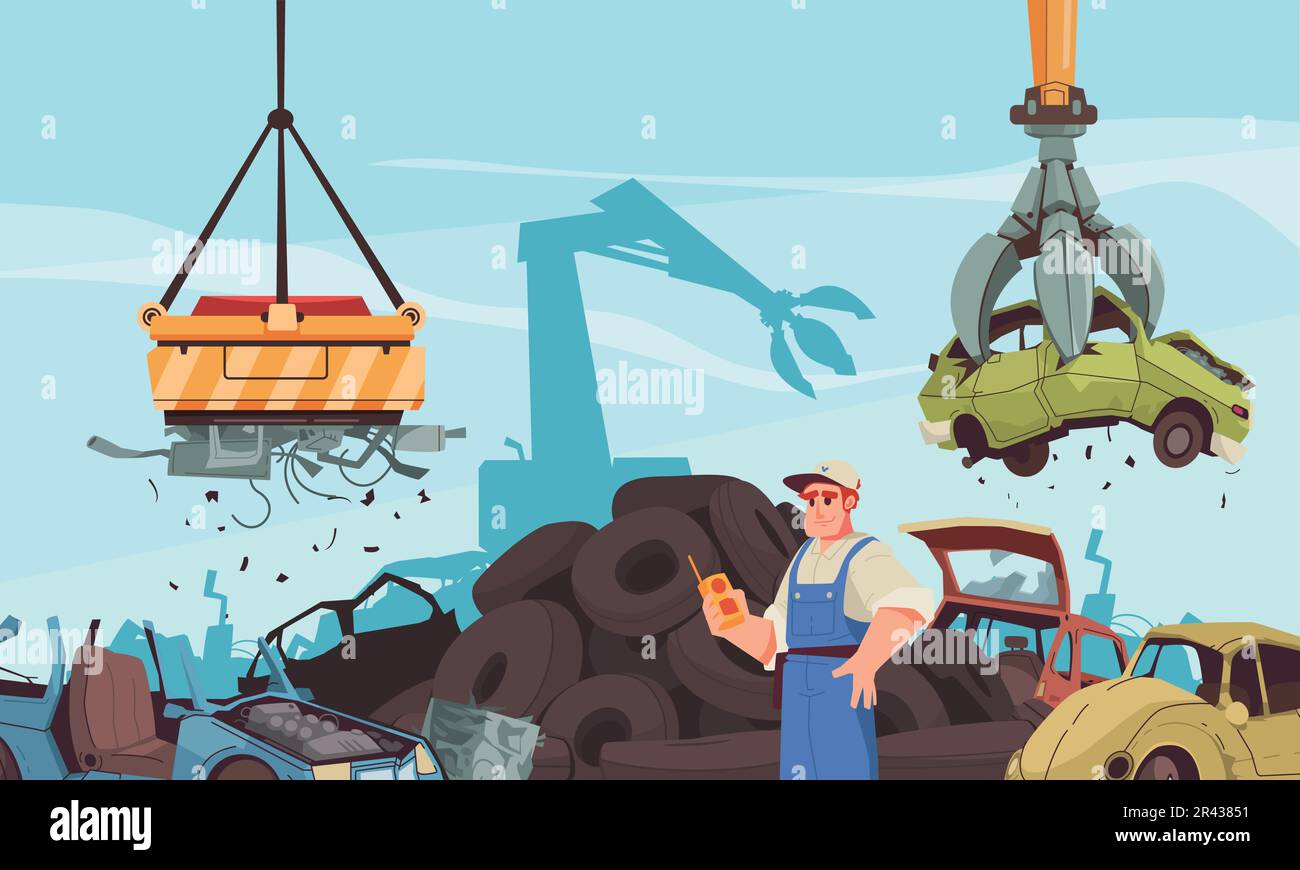 Car dump cartoon concept with handyman operating auto crushing ...