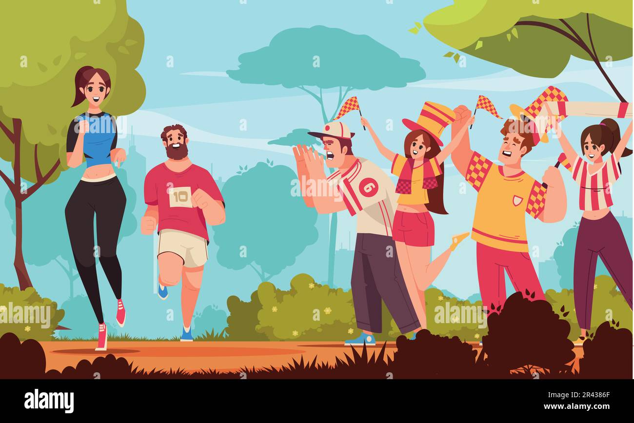 City marathon cartoon concept with fans cheering up runners vector ...