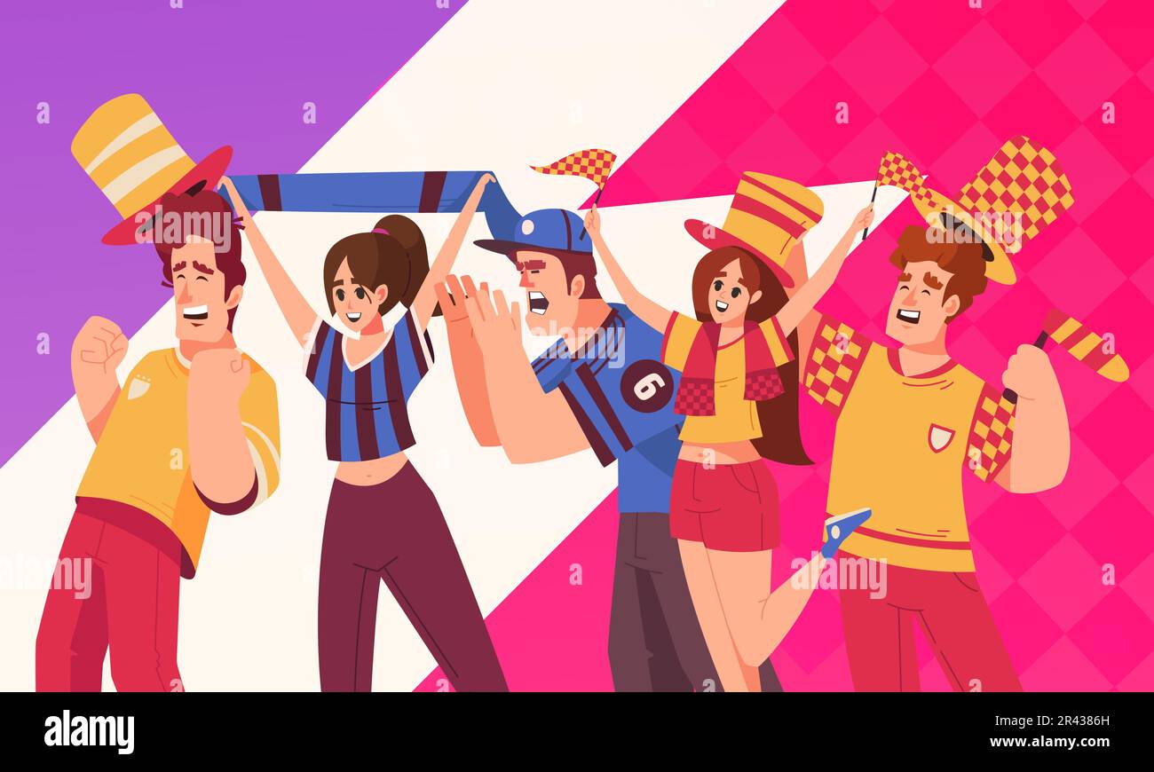 Sports fans cartoon composition with happy people celebrating team ...