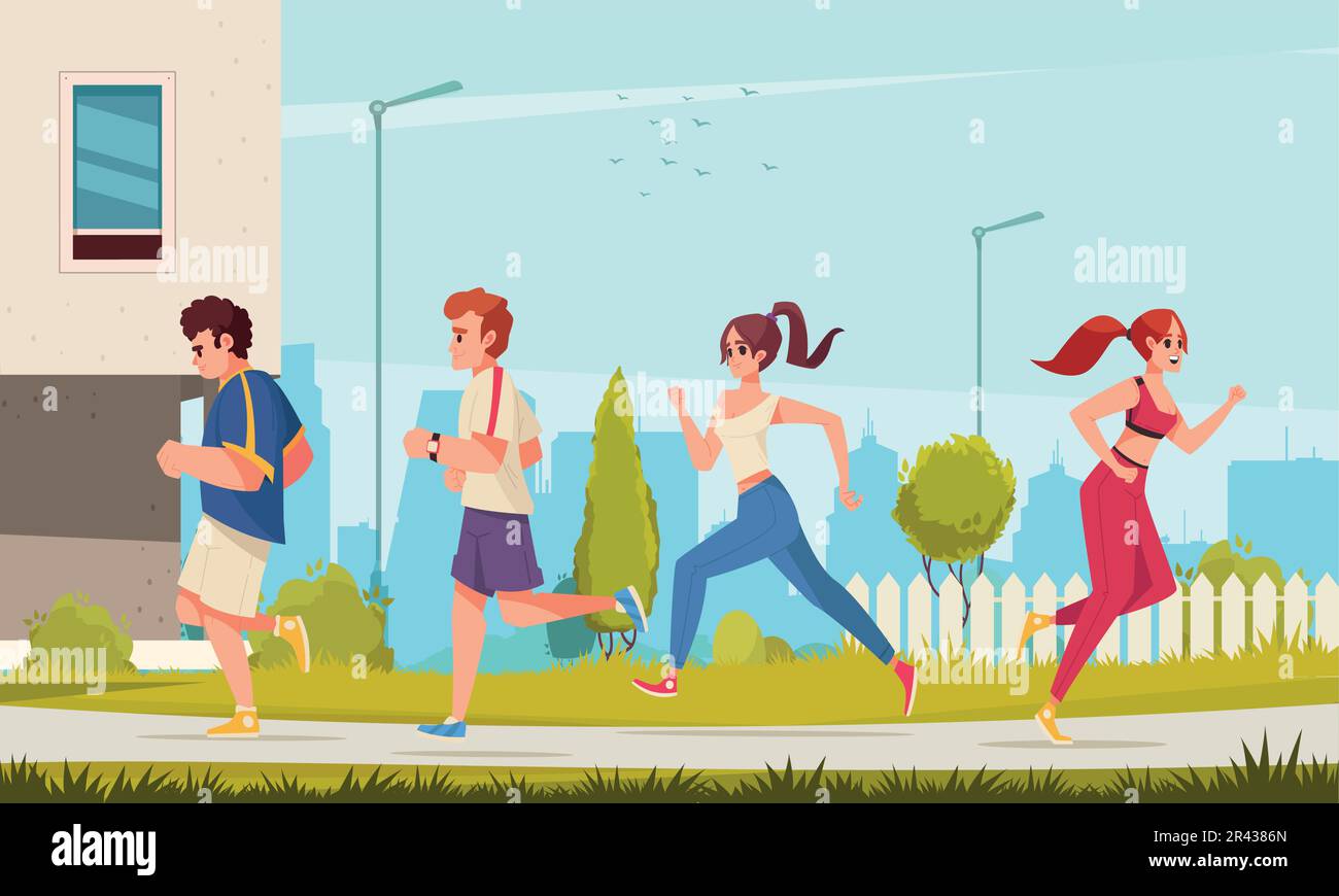City runner cartoon concept with young people running outdoors vector ...