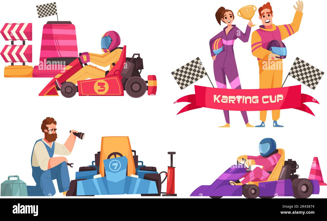 Karting cartoon icons set with race competition symbols isolated vector ...