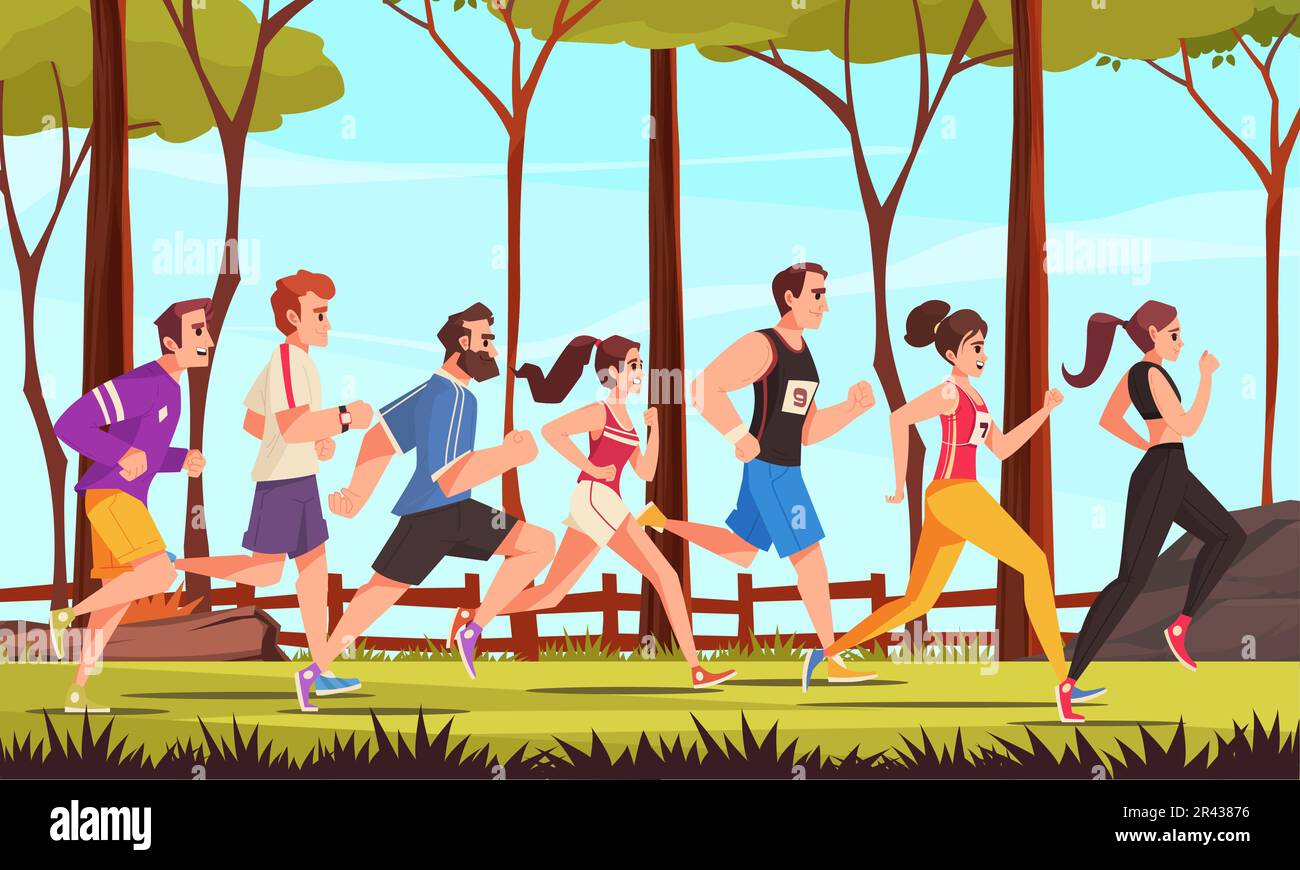 City runner cartoon concept with group of young people running outdoors ...