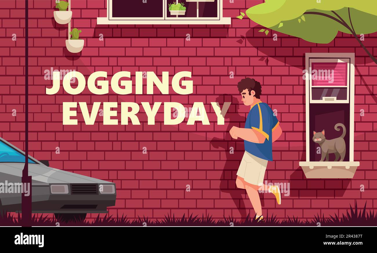 City runners cartoon concept with young man jogging outdoors vector ...