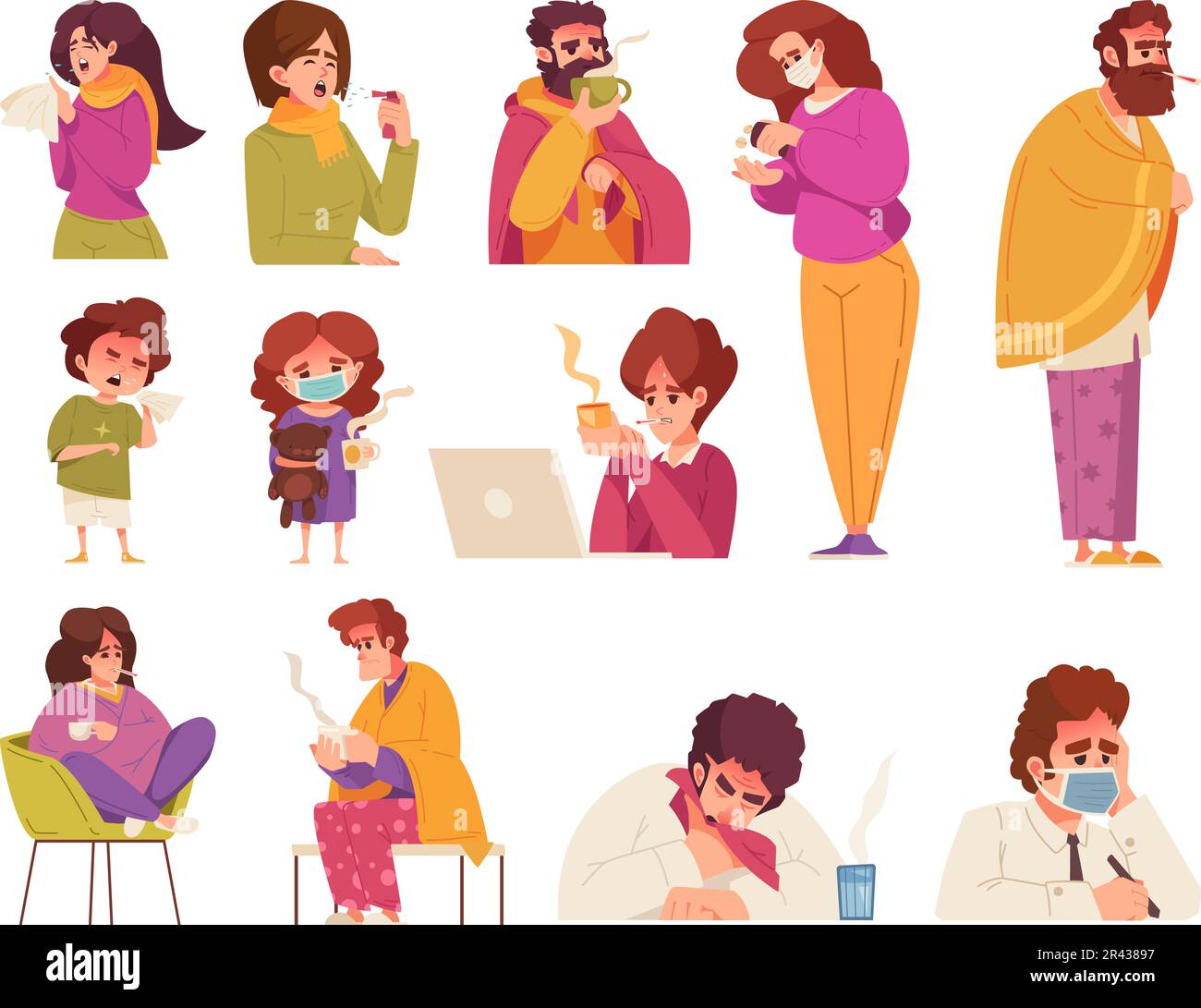 Flu cartoon icons set with people having virus temperature isolated ...