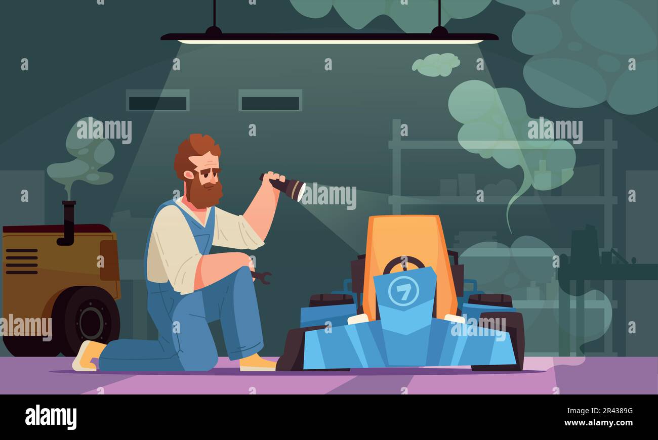 Karting cartoon composition with mechanic repairing auto in workshop ...