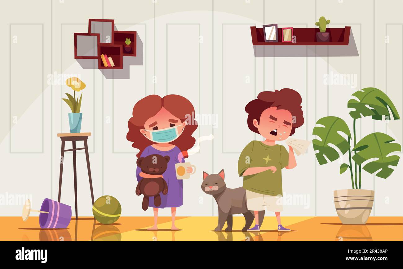 Flu cartoon concept with children having cold virus symptoms vector ...