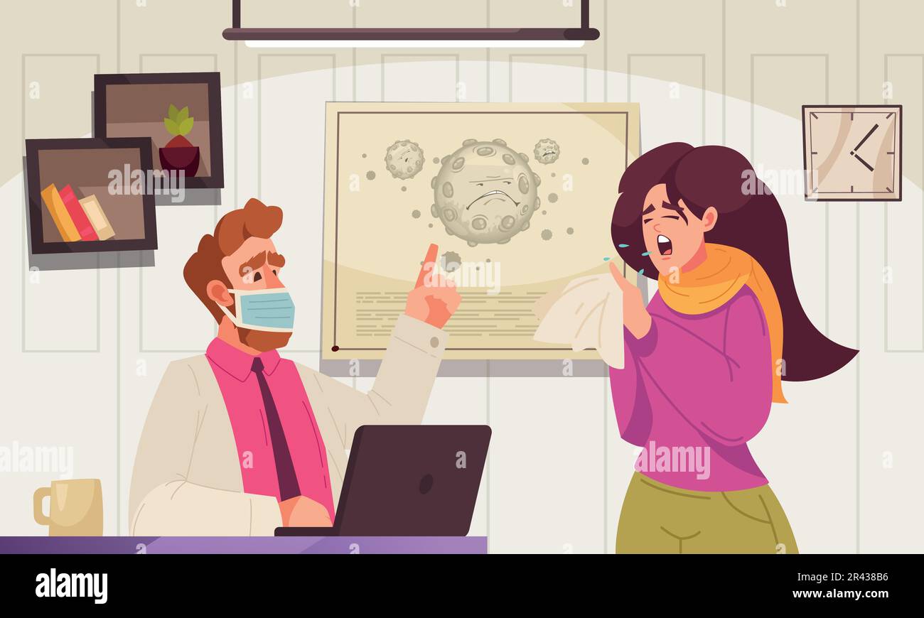 Flu cartoon composition with coughing patient and doctor vector ...