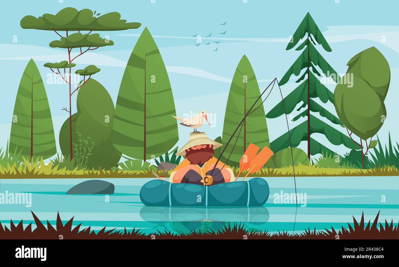 Ecosystem cartoon poster with fisherman fishing in lake vector ...