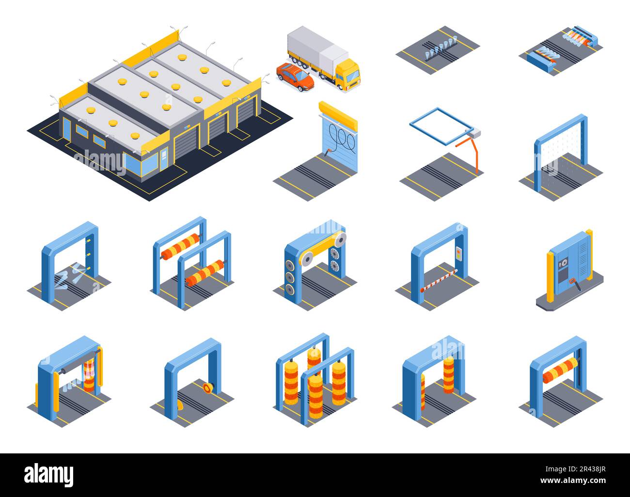 Isometric automated car washing set with isolated icons of platforms ...