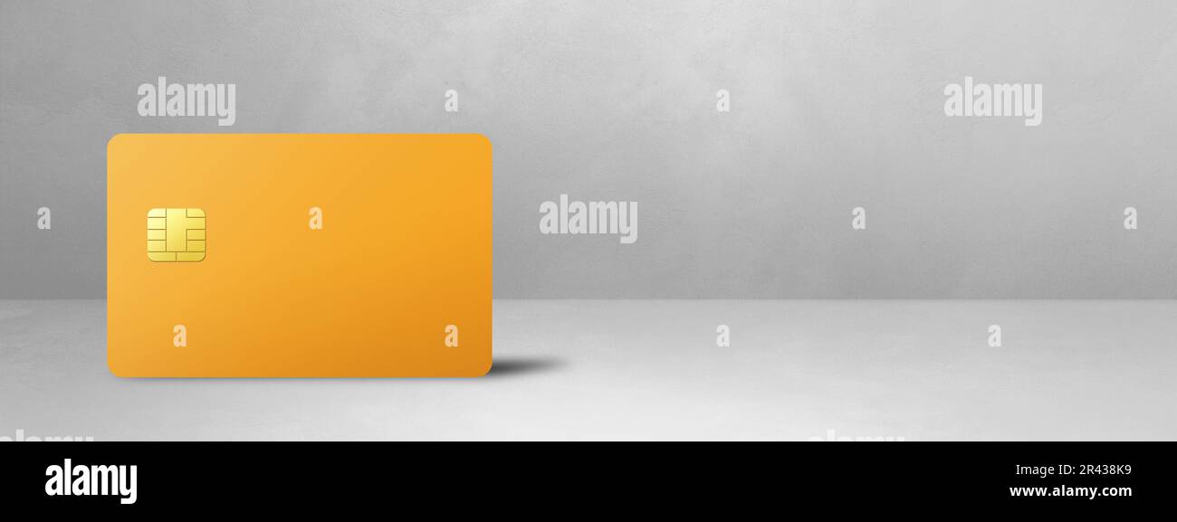 Yellow credit card template on a white concrete background. 3D ...
